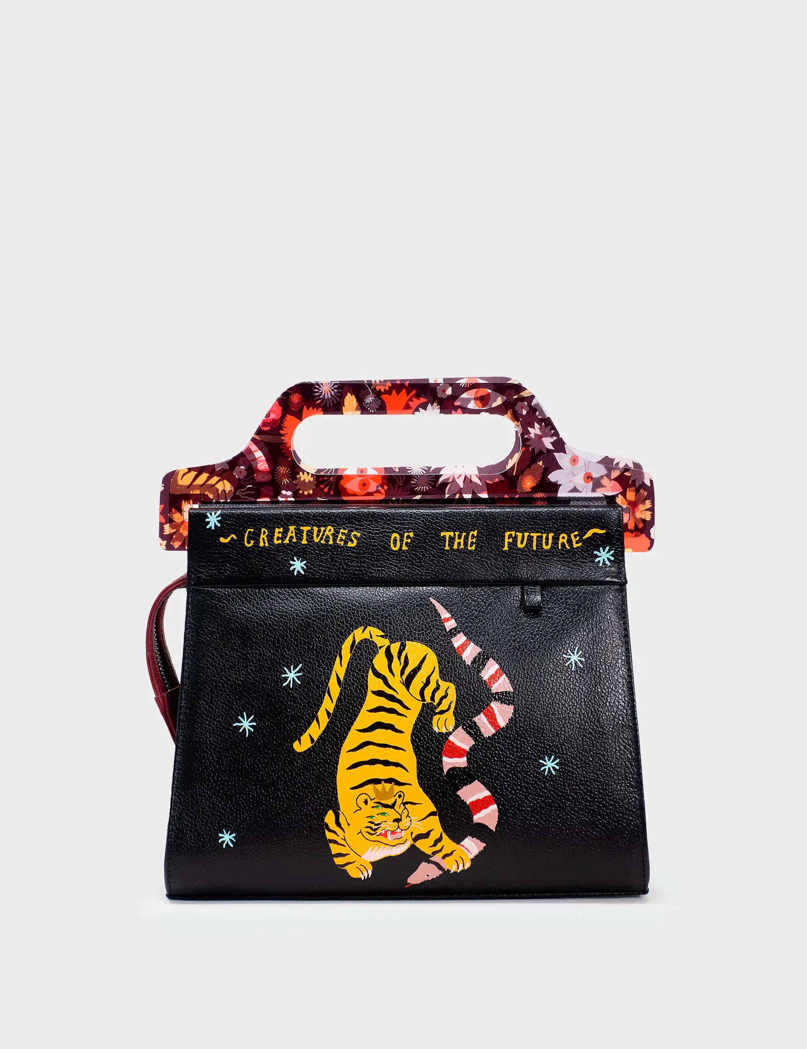 Vali Black Leather Crossbody Handbag Plastic Handle - Tiger And Snake ...