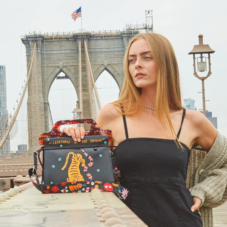 Vali Black Leather Crossbody Handbag Plastic Handle - Tiger And Snake ...